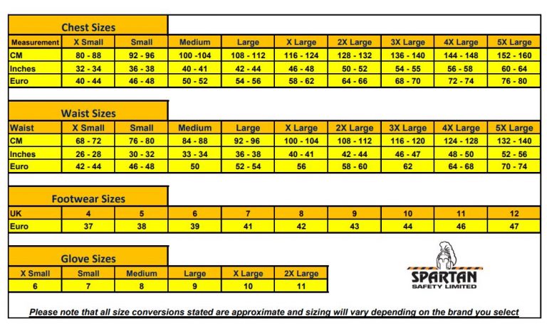 Spartan Sizing Chart – Spartan Safety